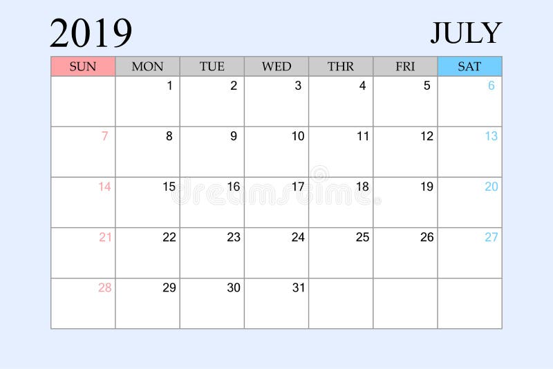 2019 Calendar, July, Schedule Planner, Organizer, Weeks Start from ...