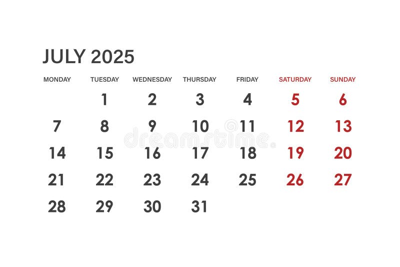Calendar for July 2025. the Week Starts on Monday Stock Vector ...