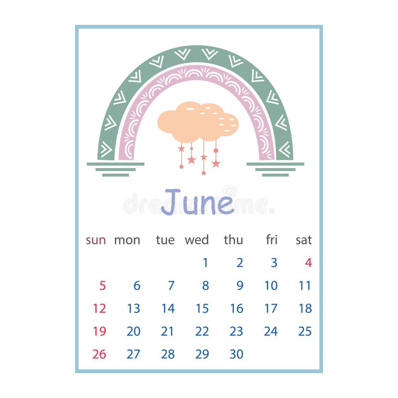 Calendar for June 2022, Color Vector Illustration in Boho Style Pastel ...