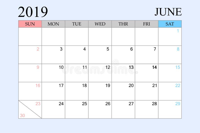 2019 Calendar, June, Schedule Planner, Organizer, Weeks Start from ...
