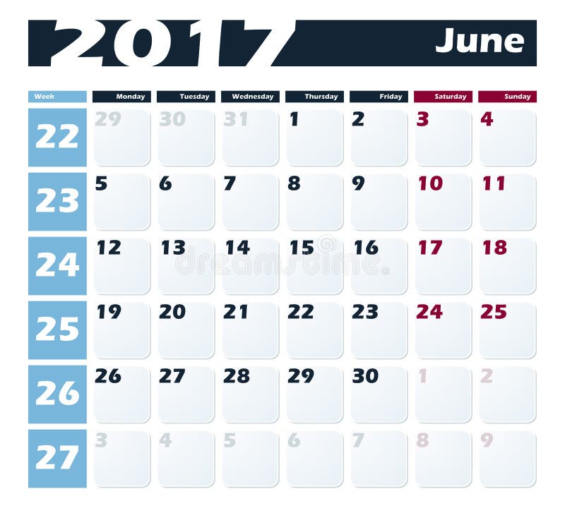 Calendar 2017 June Vector Design Template. Week Starts with Monday ...