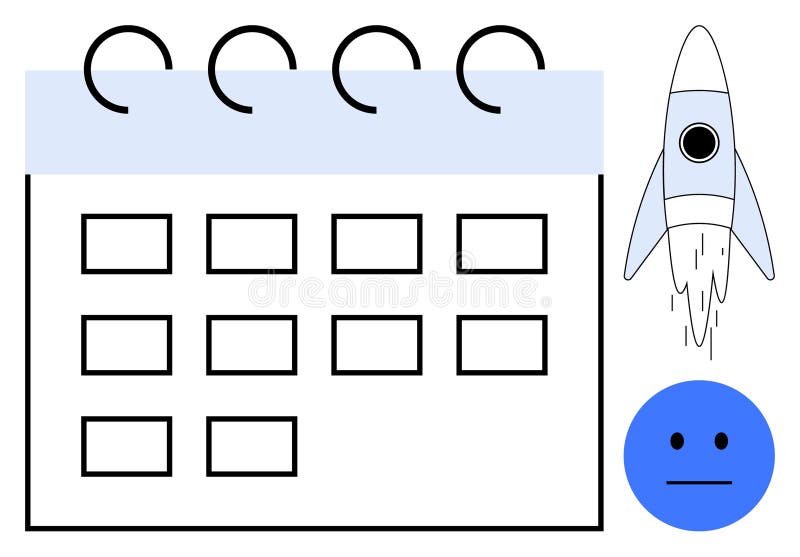 Calendar Layout with Rocket Launch and Expressionless Face Icon Stock ...