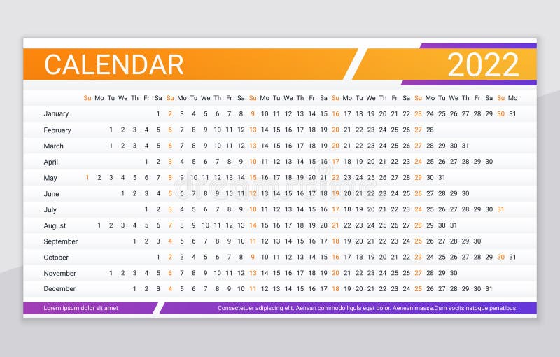 2022 Year Calendar. Linear Calender Template. Vector Illustration Stock ...