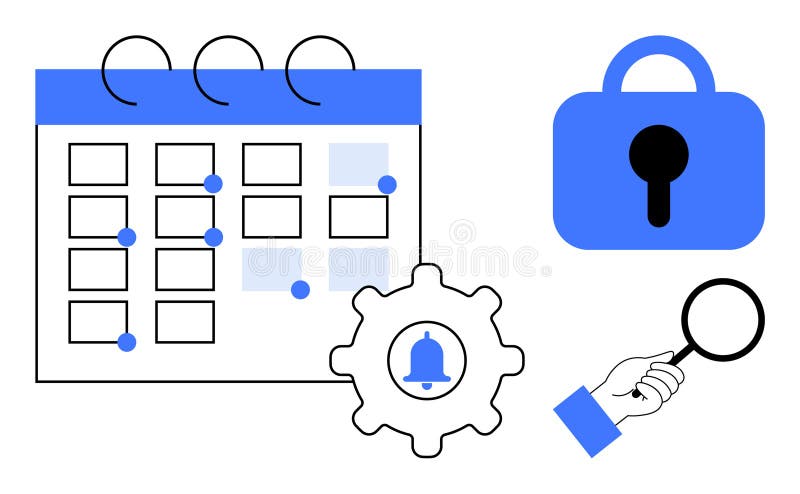 Calendar with Lock, Settings Gear and Magnifying Glass Elements in Blue ...