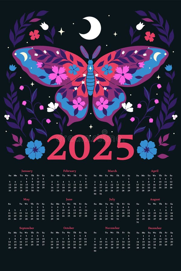 Calendar for 2025 with Magical Night Butterfly . Vector Graphics Stock ...