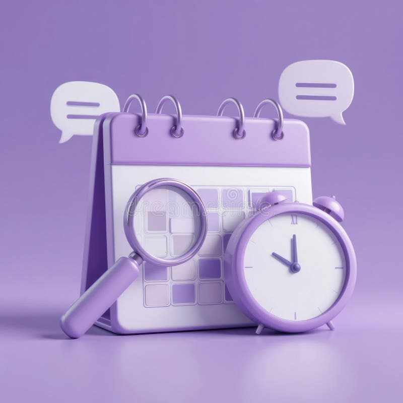 Calendar with Magnifying Glass and Clock on a Purple Background Stock ...