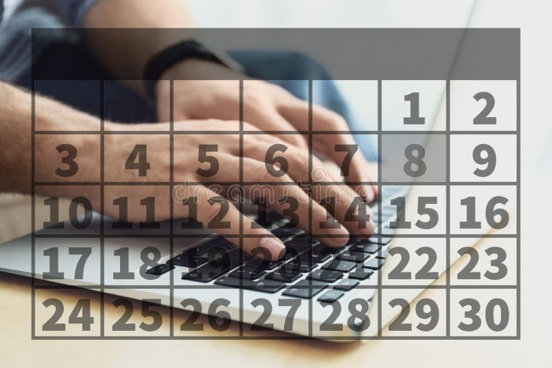Calendar and Man Working with Laptop at Table, Closeup Stock Image ...