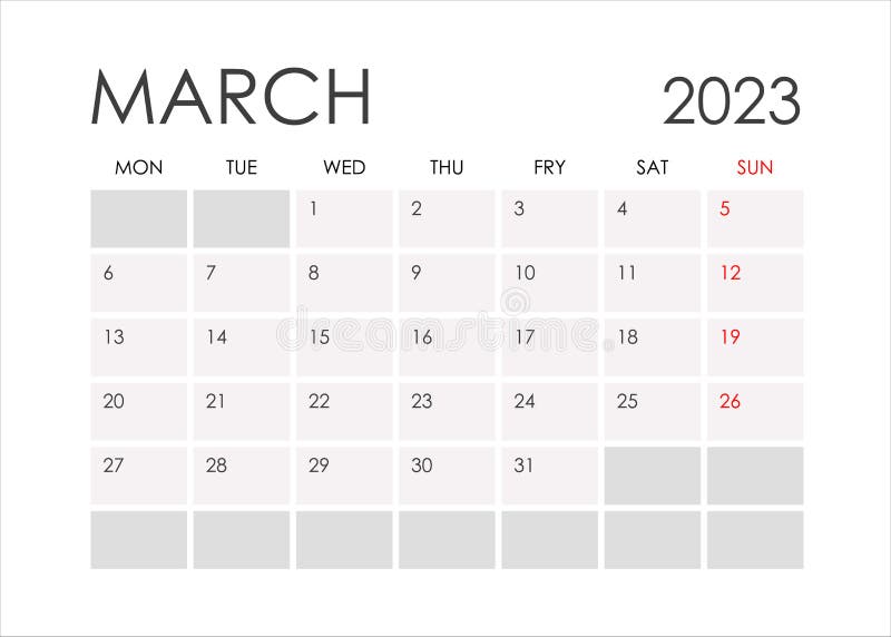Calendar for March 2023 in a Minimalistic Style.Starting from Monday ...