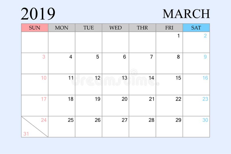 2019 Calendar, March, Schedule Planner, Organizer, Weeks Start from ...