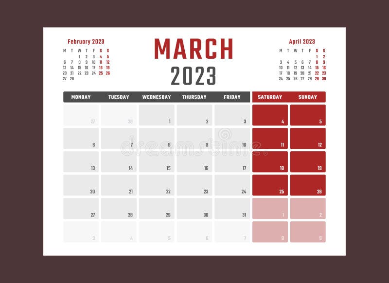 Calendar for March 2023 Starts Monday, Vector Calendar Design March ...