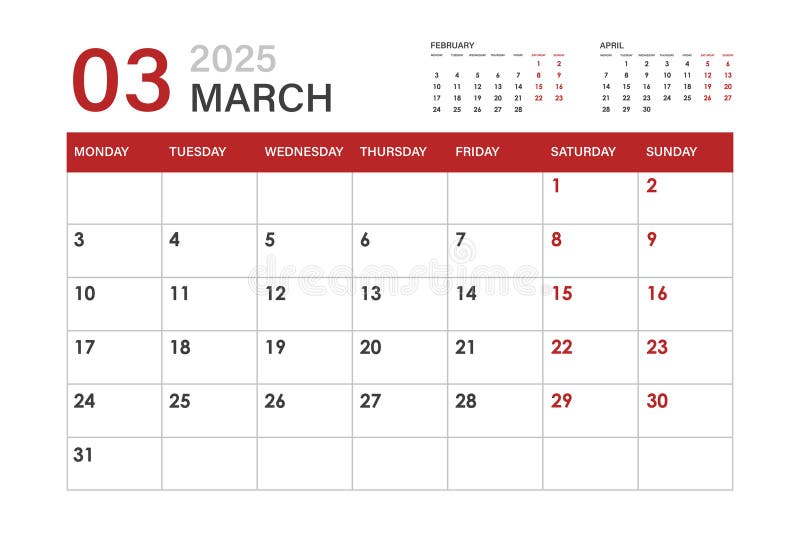 Calendar for March 2025. the Week Starts on Monday. Stock Vector ...