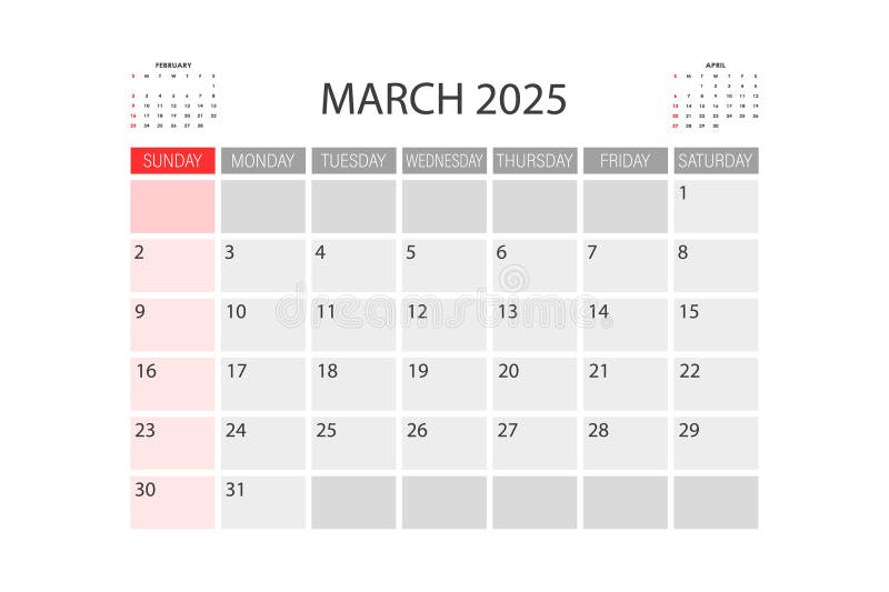 Calendar for March 2025. the Week Starts on Sunday. Stock Vector ...