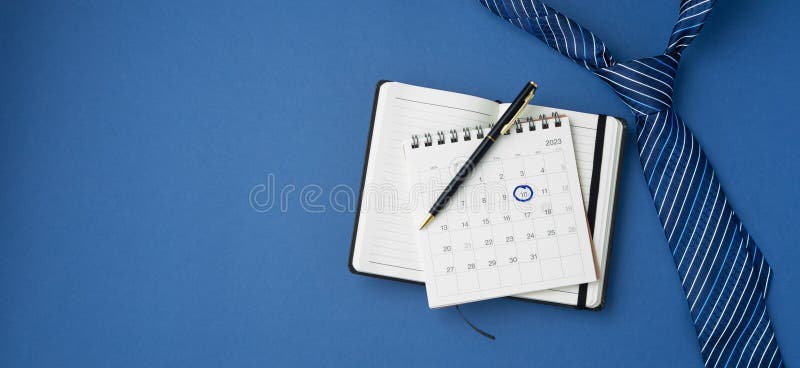 Calendar with Marked Date on Notebook with Tie on Blue Background Stock ...