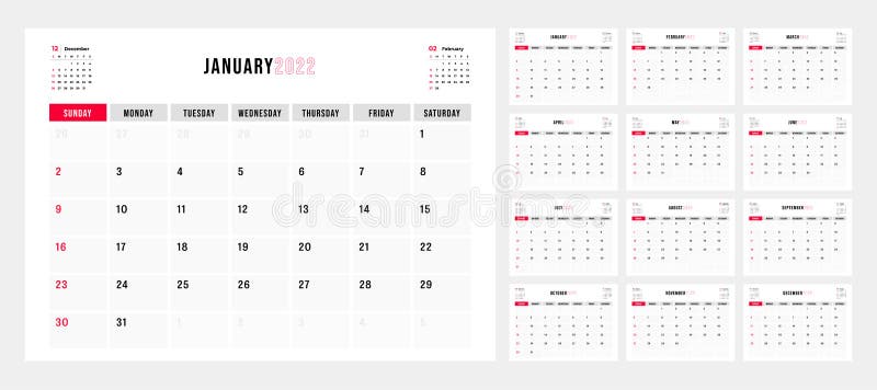 Calendar 2022, 12 Month in Clean Minimal Table Simple Style. Calendar ...