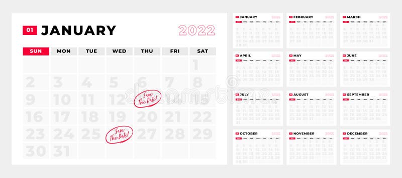 Calendar 2022, 12 Month in Clean Minimal Table Simple Style. Calendar ...