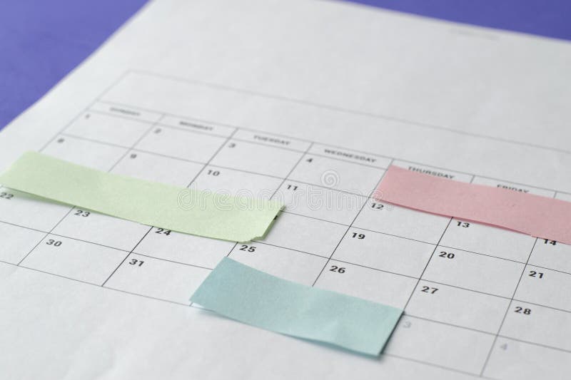 Calendar of the Month and Colored Adhesive Notes Stock Photo - Image of ...