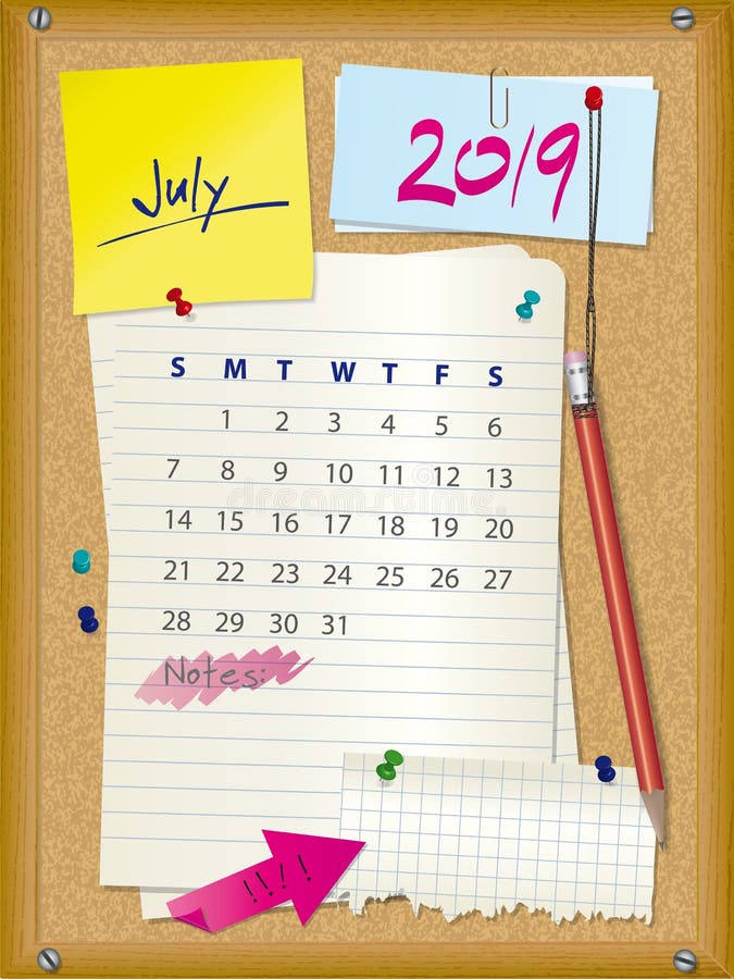 2019 Calendar - Month July - Cork Board with Notes Stock Vector ...