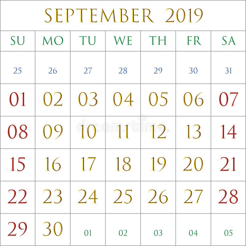 September 2019 Planner Month with Number for Each Weak Stock Vector ...