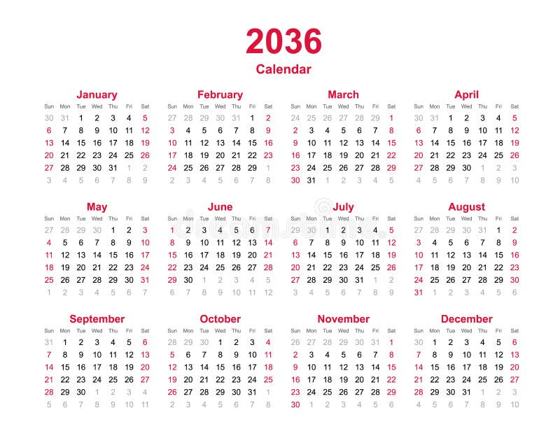 Calendar 2036 - 12 Months Yearly Vector Calendar in Year 2036 ...