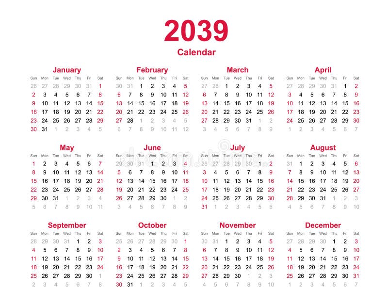 Calendar 2039 - 12 Months Yearly Vector Calendar in Year 2039 ...