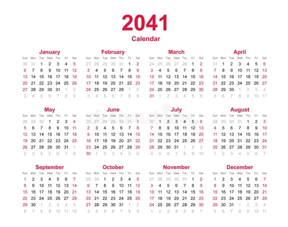Calendar 2041 - 12 Months Yearly Vector Calendar in Year 2041 ...