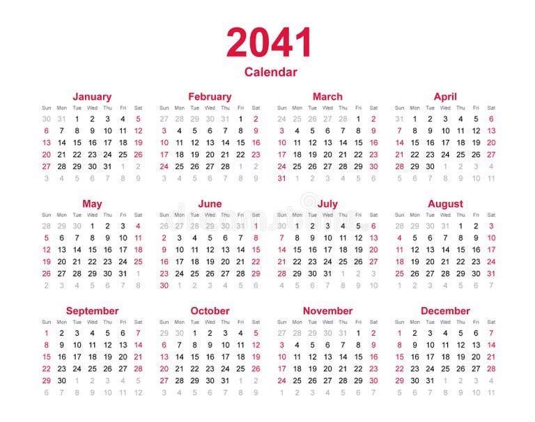 Calendar 2041 - 12 Months Yearly Vector Calendar in Year 2041 ...