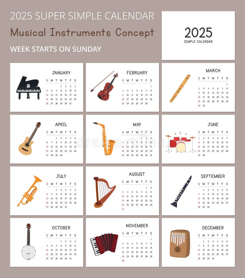 Simple 2025 Calendar Template with Cute Musical Instruments ...