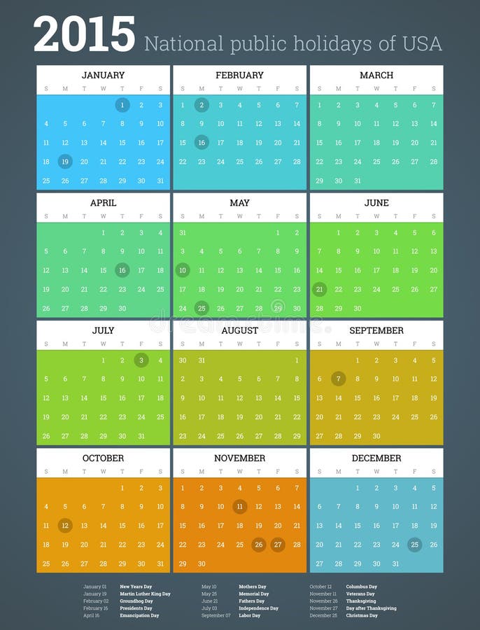Calendar 2015 - National Public Holidays of USA. Stock Vector ...