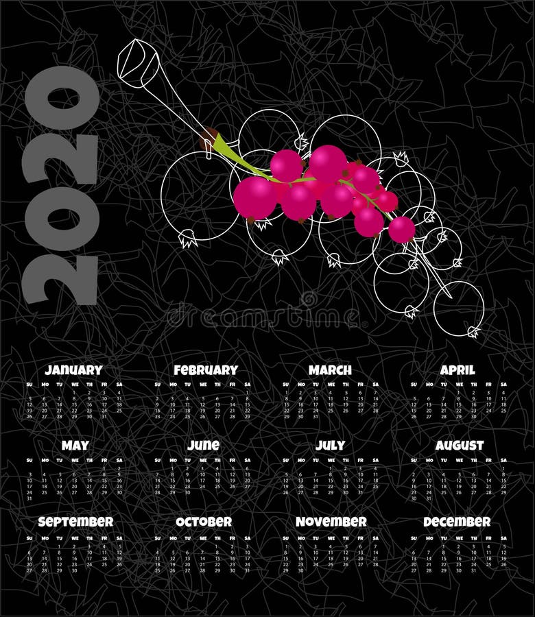 Calendar 2020. Monthly Calendar with Red Currant. Vector Illustration ...