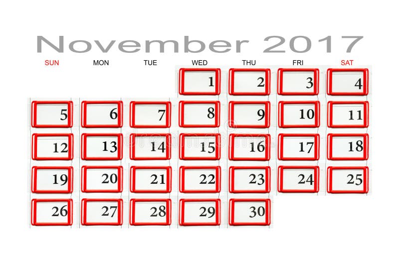 Calendar for November 2017 stock image. Image of closeup - 82820313