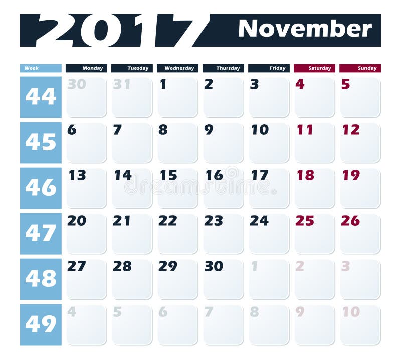Calendar 2017 November Vector Design Template. Week Starts with Monday ...