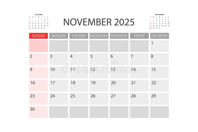 Calendar for November 2025. the Week Starts on Sunday Stock Vector ...