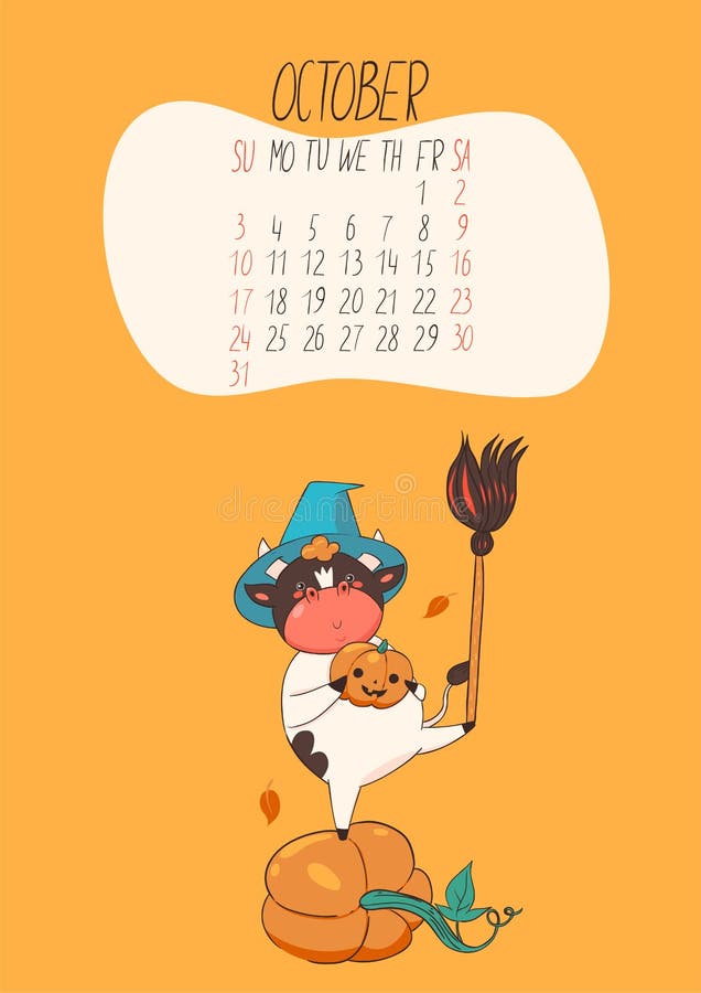 Calendar for October 2021. Cute Bull with Halloween Pumpkin. Vector ...
