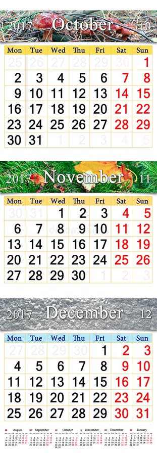 Calendar for October November and December 2017 with Colored Pictures ...