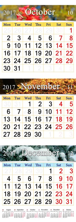 Calendar for October November and December 2017 with Colored Pictures ...