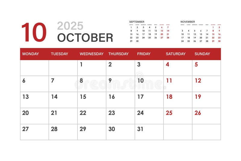 Calendar for October 2025. the Week Starts on Monday. Stock Vector ...