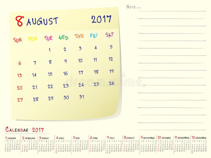 Calendar Paper Note August 2017 Stock Vector - Illustration of january ...