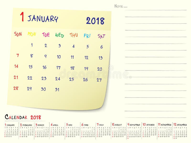 January 2018 Calendar Paper Note Design Stock Vector - Illustration of ...