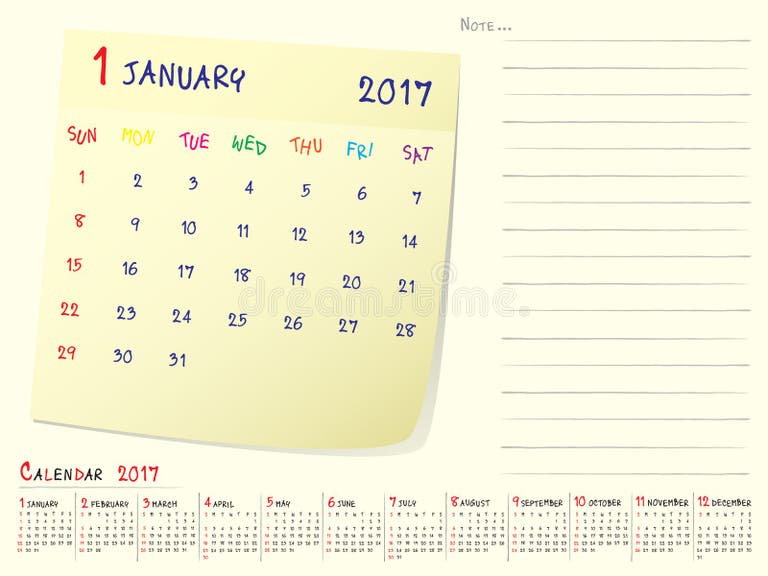 Calendar Paper Note January 2017 Stock Vector - Illustration of ...