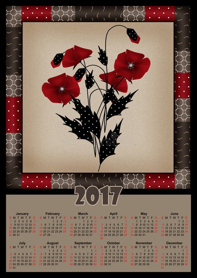 Calendar 2017 Template with Floral Pattern. Floral Texture, Colo Stock ...