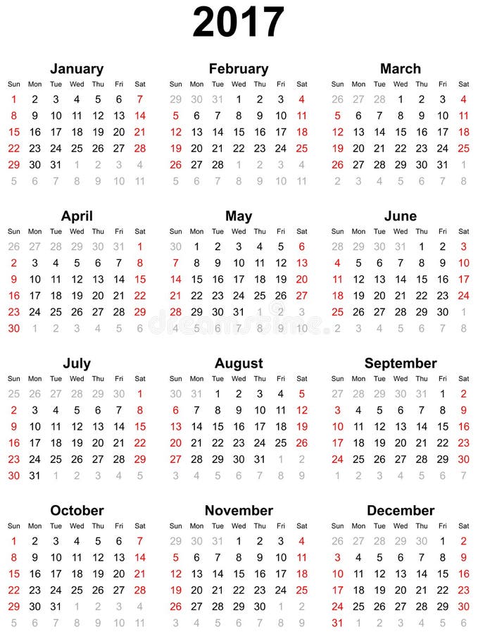 Calendar pelo ano 2017 ilustração do vetor. Ilustração de weekend ...