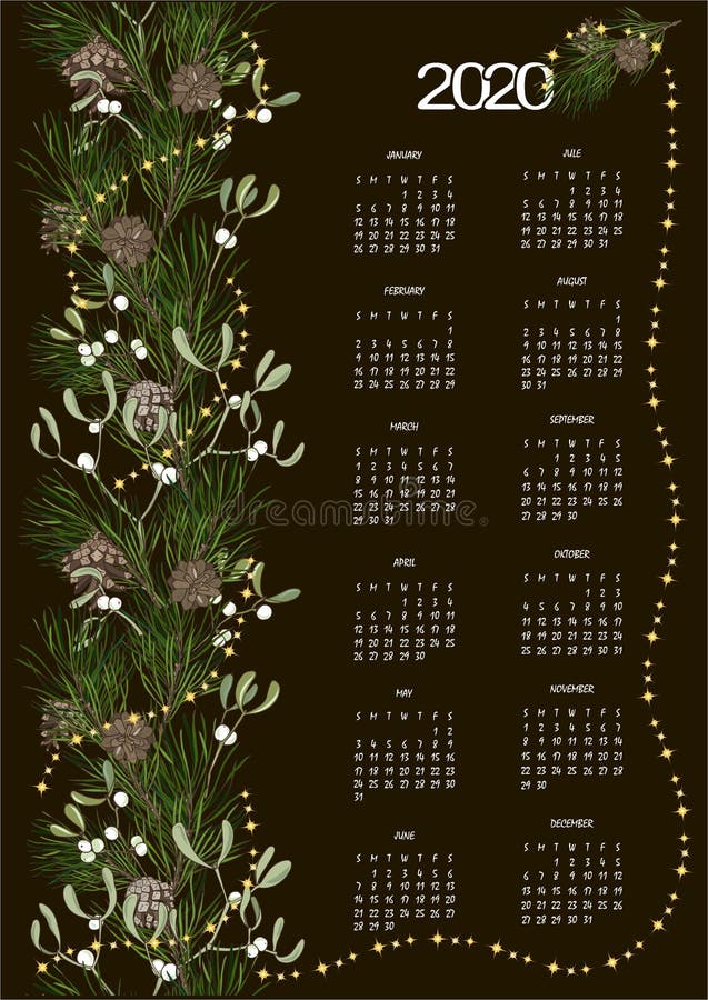 Calendar 2020 with Pine Branches Stock Vector - Illustration of gift ...