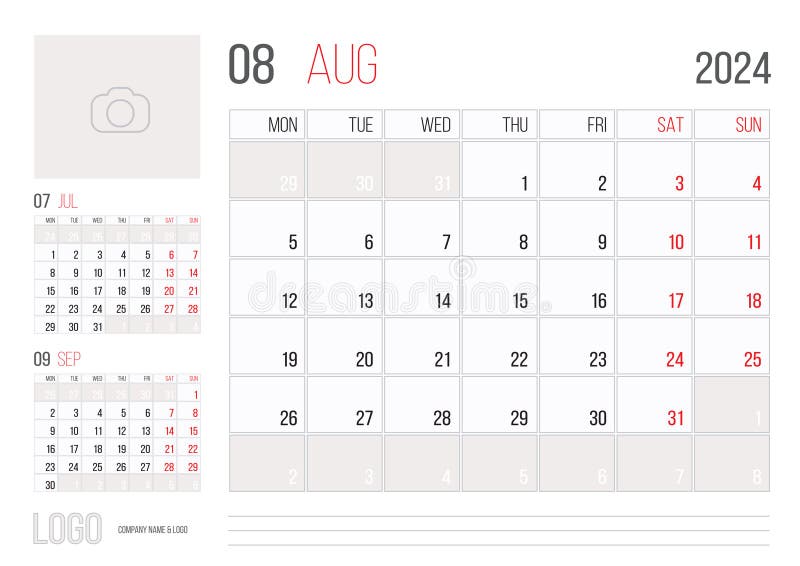 Calendar 2024 Planner Corporate Template Design - August Month Stock ...