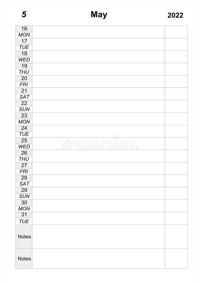 Calendar Planner for May 2022. Schedule for Month. Work Organizer Stock ...