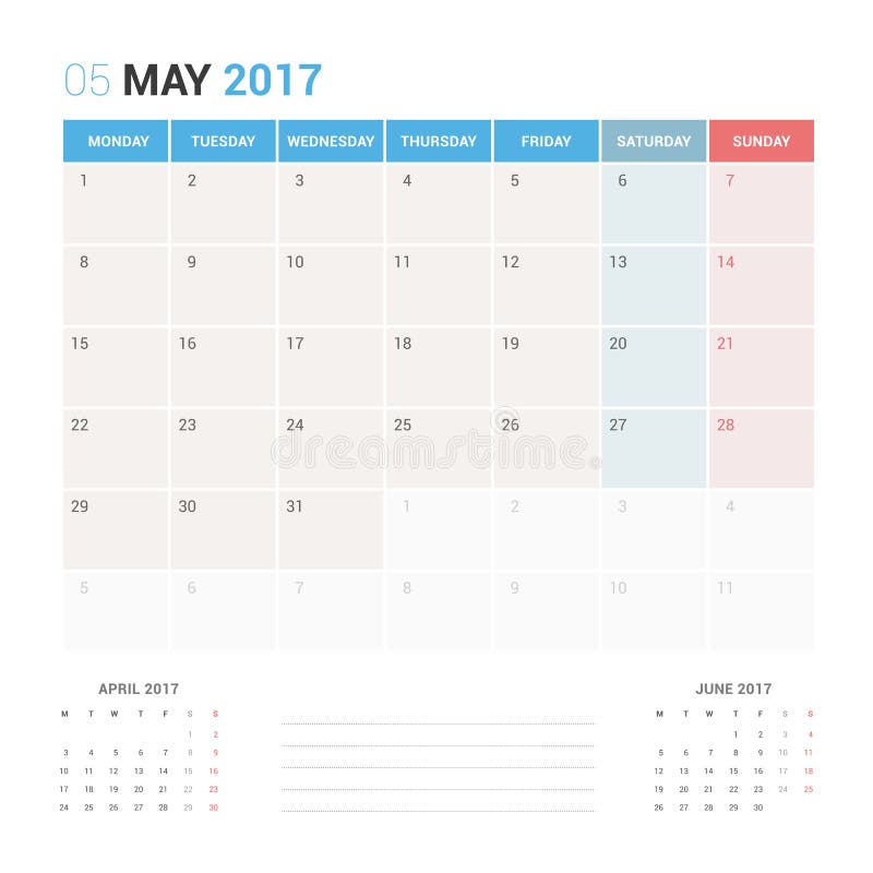Calendar Planner for May 2017 Vector Design Template Stationary. Stock ...