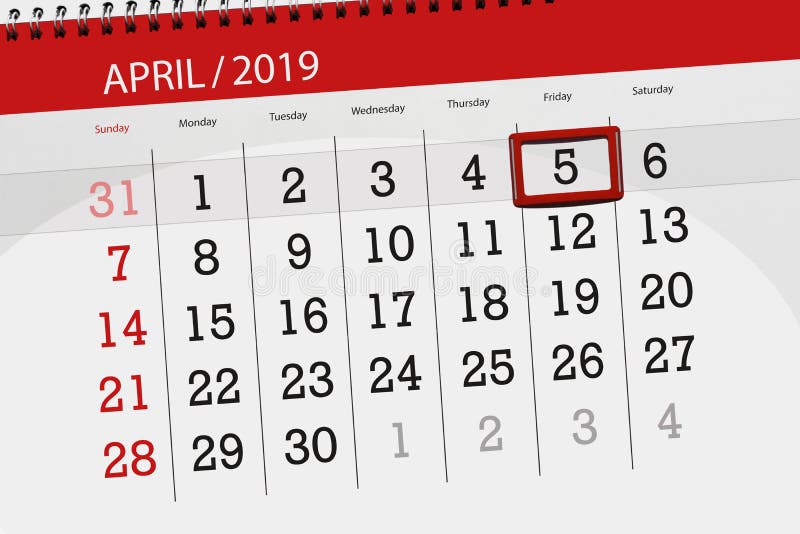 Calendar Planner for the Month April 2019, Deadline Day, 5 Friday Stock ...