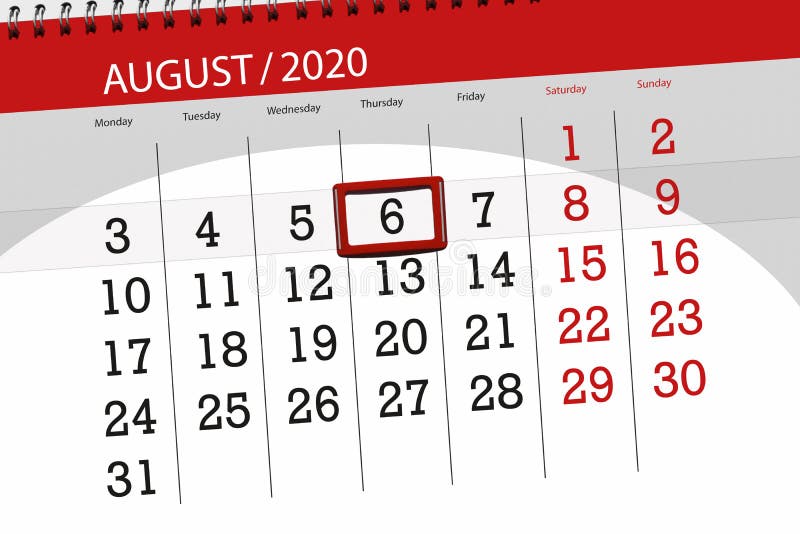 Calendar Planner for the Month August 2020, Deadline Day, 6, Thursday ...