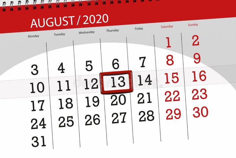 Calendar Planner for the Month August 2020, Deadline Day, 13, Thursday ...