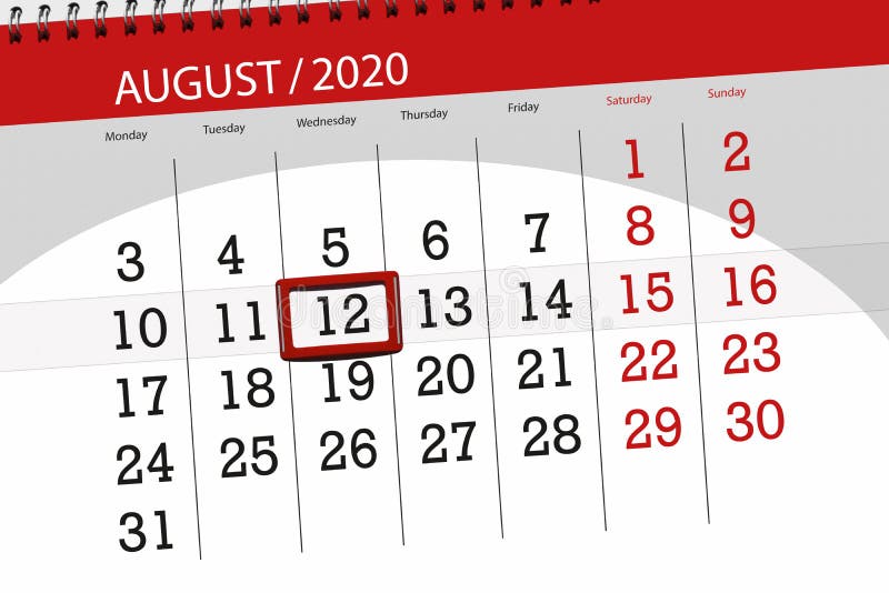 Calendar Planner for the Month August 2020, Deadline Day, 12, Wednesday ...