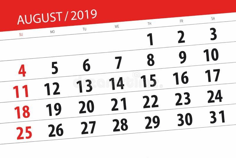 Calendar Planner for the Month, Deadline Day of the Week 2019 August ...